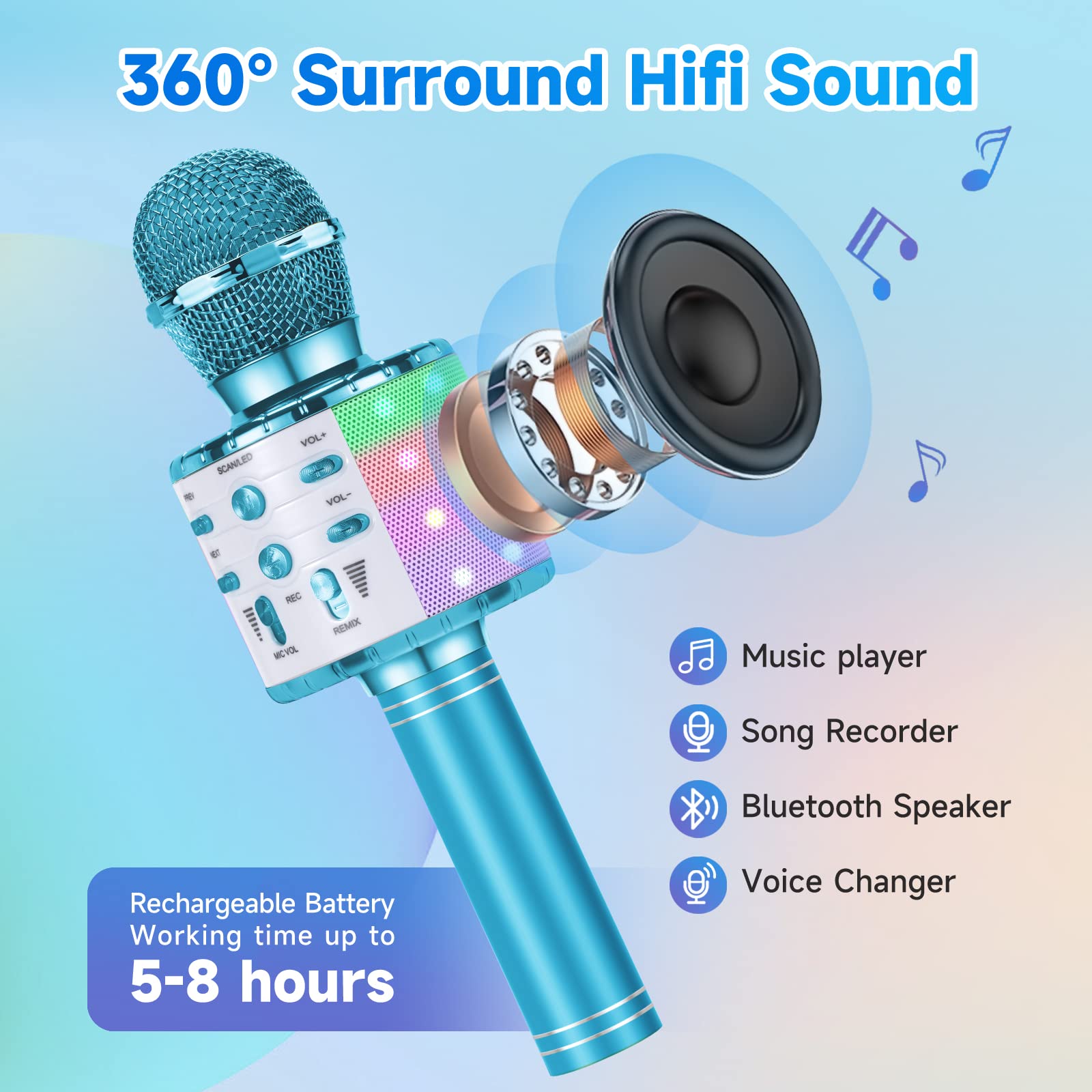 Ecokra Wireless Microphone,Karaoke Bluetooth Microphone with LED Lights 3 in 1 Portable Handheld Wireless Mic Speaker Home KTV Machine Support iOS Android, Microphone Toys Gifts for Kids(Blue)