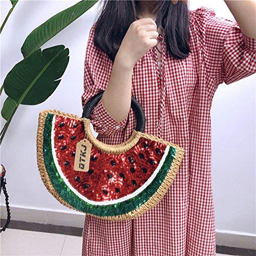 Semi-circle Rattan Straw Handbags, Hand-woven Summer Watermelon Beach Straw Bag with Sequin for Women