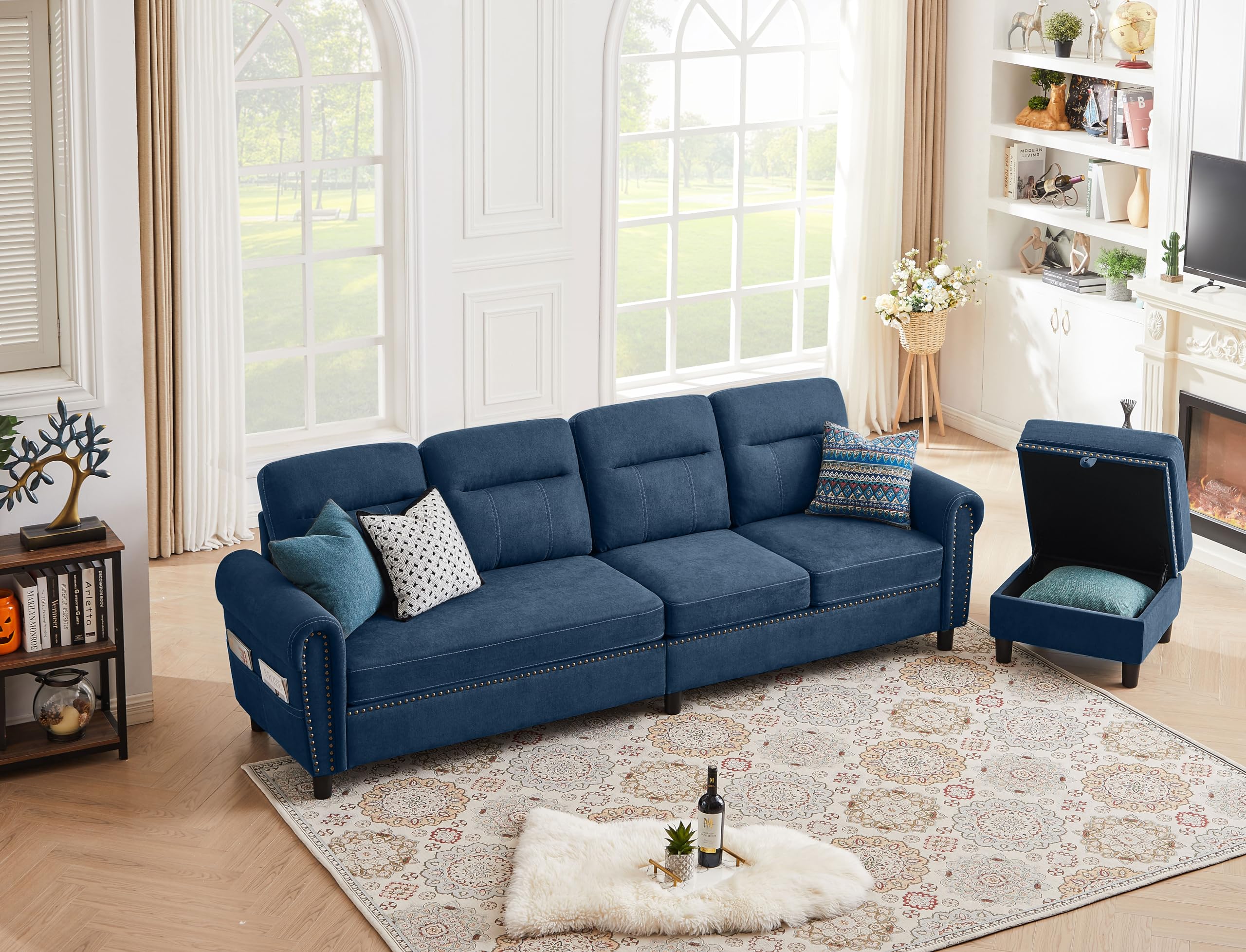 Jarenie 107" Convertible Sectional Sofa, 4-Seat L Shaped Couch with Storage Chaise and Side Pocket, Modern Linen Fabric Sectional Couches for Living Room, Dark Blue