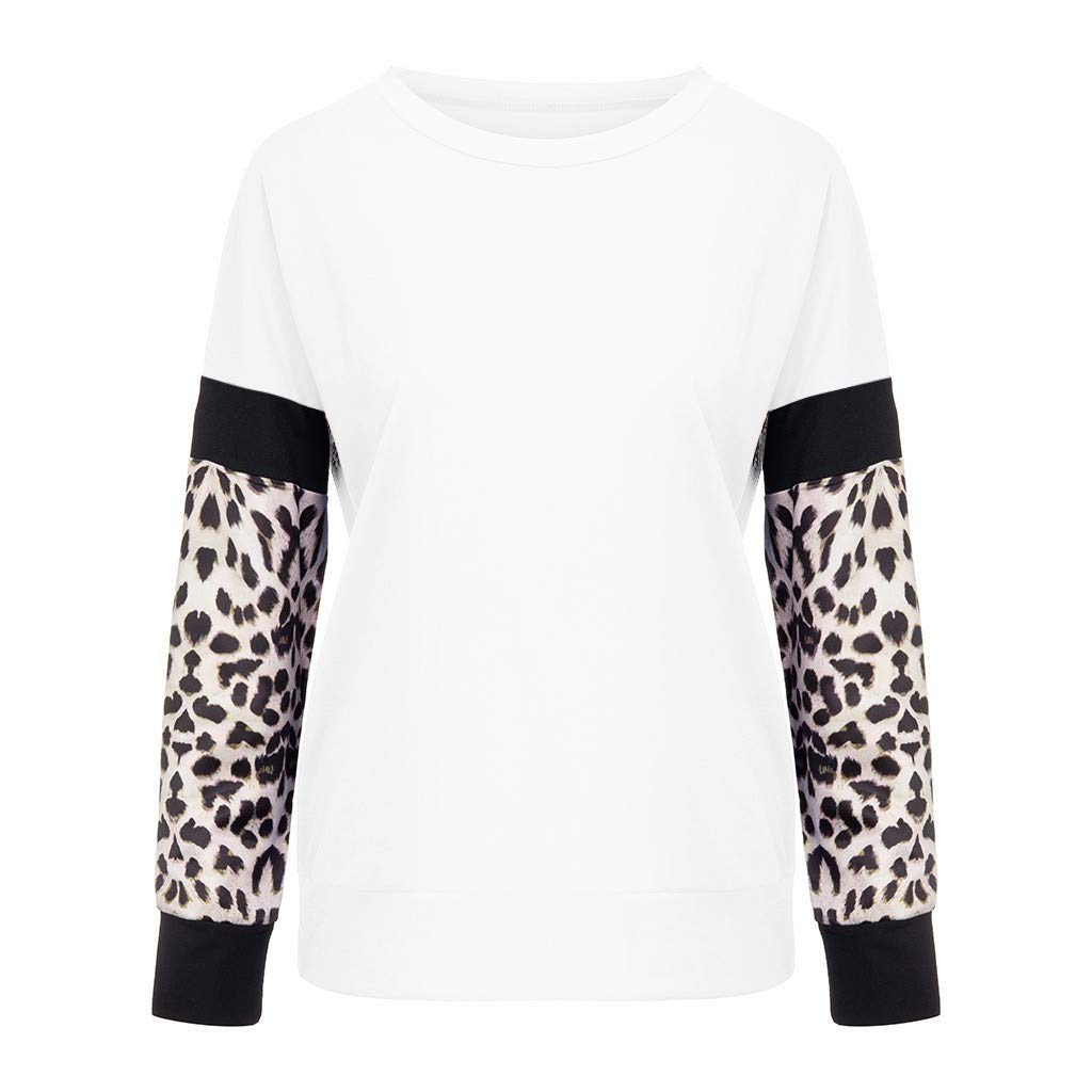 Women's Leopard Blouse Patchwork T-Shirt Autumn Pullover Casual Tunic Long Sleeve Tops (White,M)