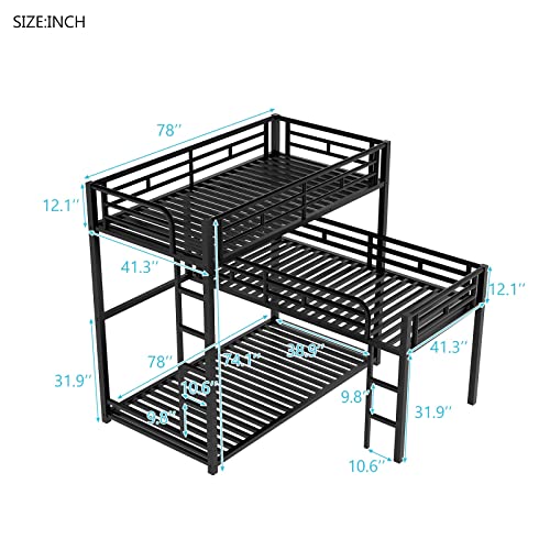 Triple Bunk Beds, L-Shaped Bunk Bed for 3 Kids Adults with 2 Built-in Ladders and Full-Length Guardrails, Space-Saving, Noise-Free Metal Triple Bunk Bed