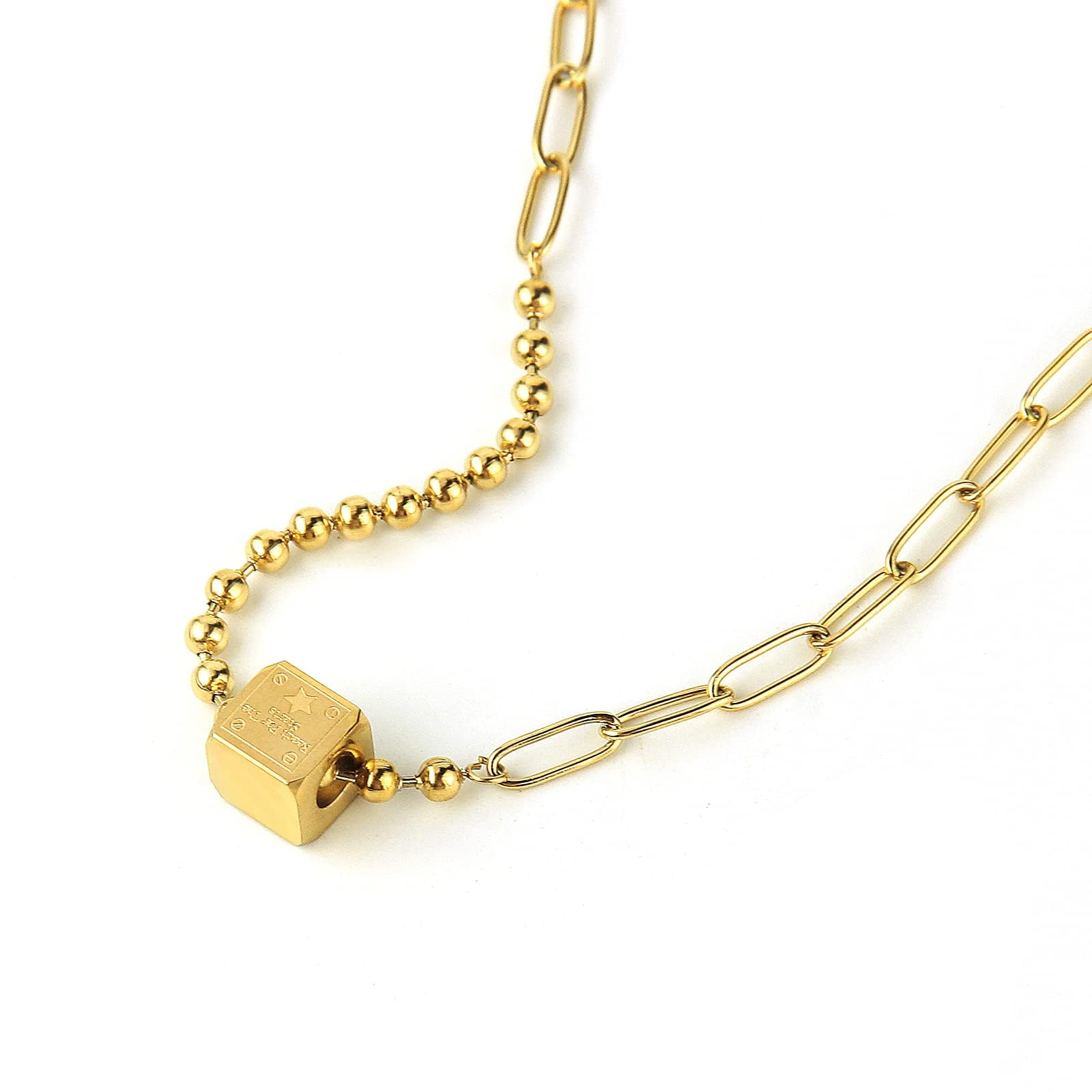 DASIQI Gold Necklace Stainless Steel Square Dice Beads Splicing Chains Fashion Jewelry for Women 20 inch