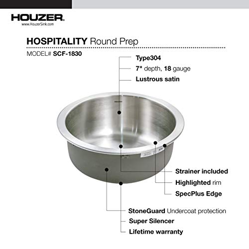 Houzer SCF-1830-1 Hospitality Series Topmount Stainless Steel Round Bar/Prep Sink