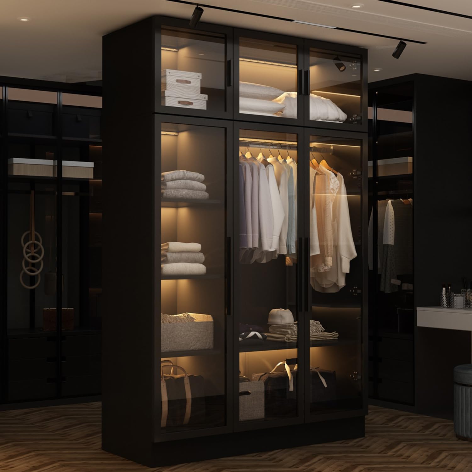 Hitow Wardrobe Cabinet with LED Light Strips, Modern Armoire Closet with Glass Doors, 59.1" W Large Bedroom Armoire Clothes Organizer with Shelve & Hanging Rods, Modern Glass Display Cabinet, Black