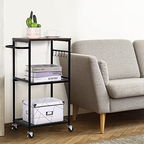 NANANARDOSO Kitchen Cart on Wheels, 3 Tier Mesh Utility Storage Cart, Wood Look Top and Metal Frame Rolling Pantry Cart for Kitchen, Living Room, Laundry Storage, Rustic Brown.