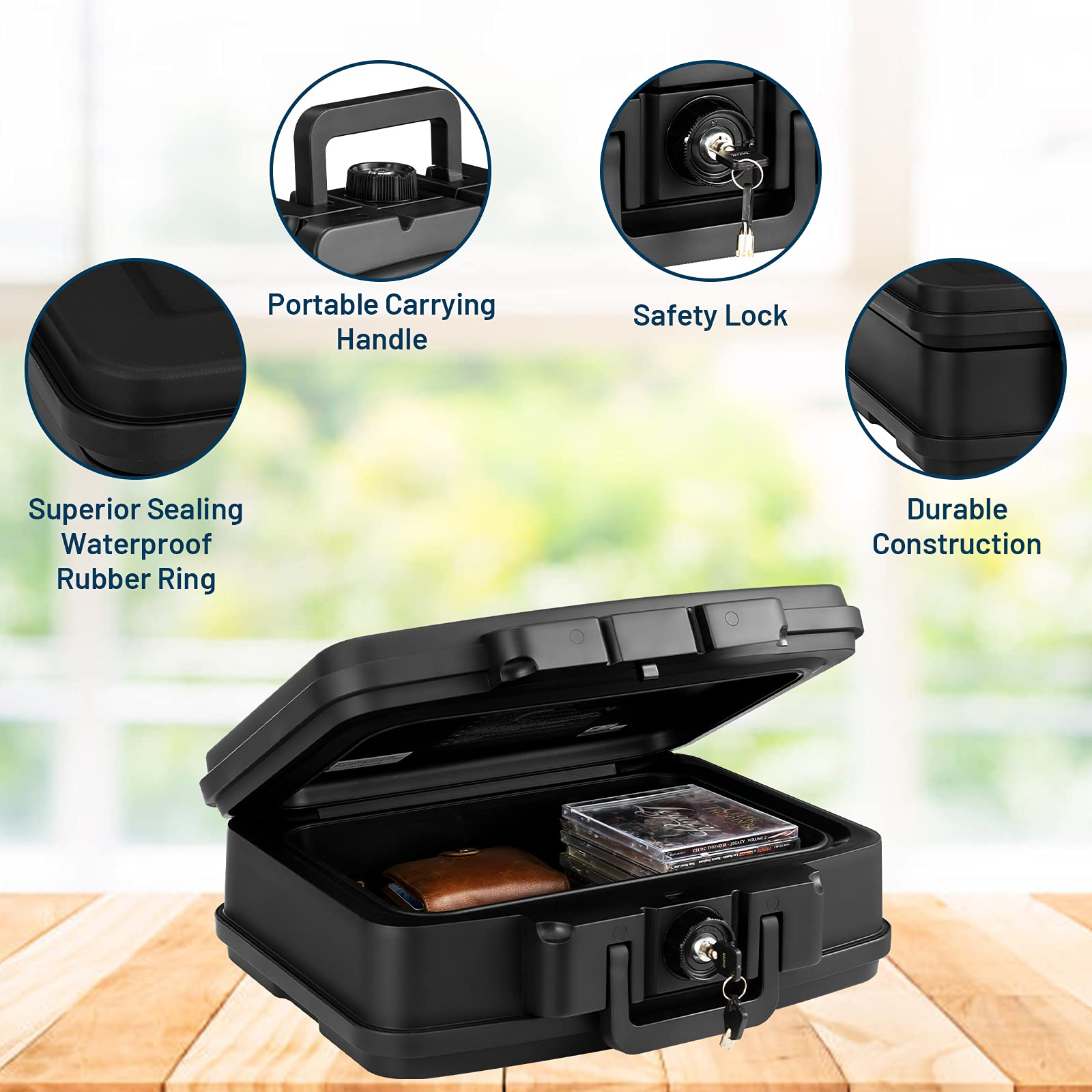 COSTWAY Fireproof Box, 0.25 Cubic Feet Space-saving Design, 30 Minutes Fire Safe Lock Box with Key Lock, Carrying Handle, Portable Waterproof File Organizer for Documents, Money