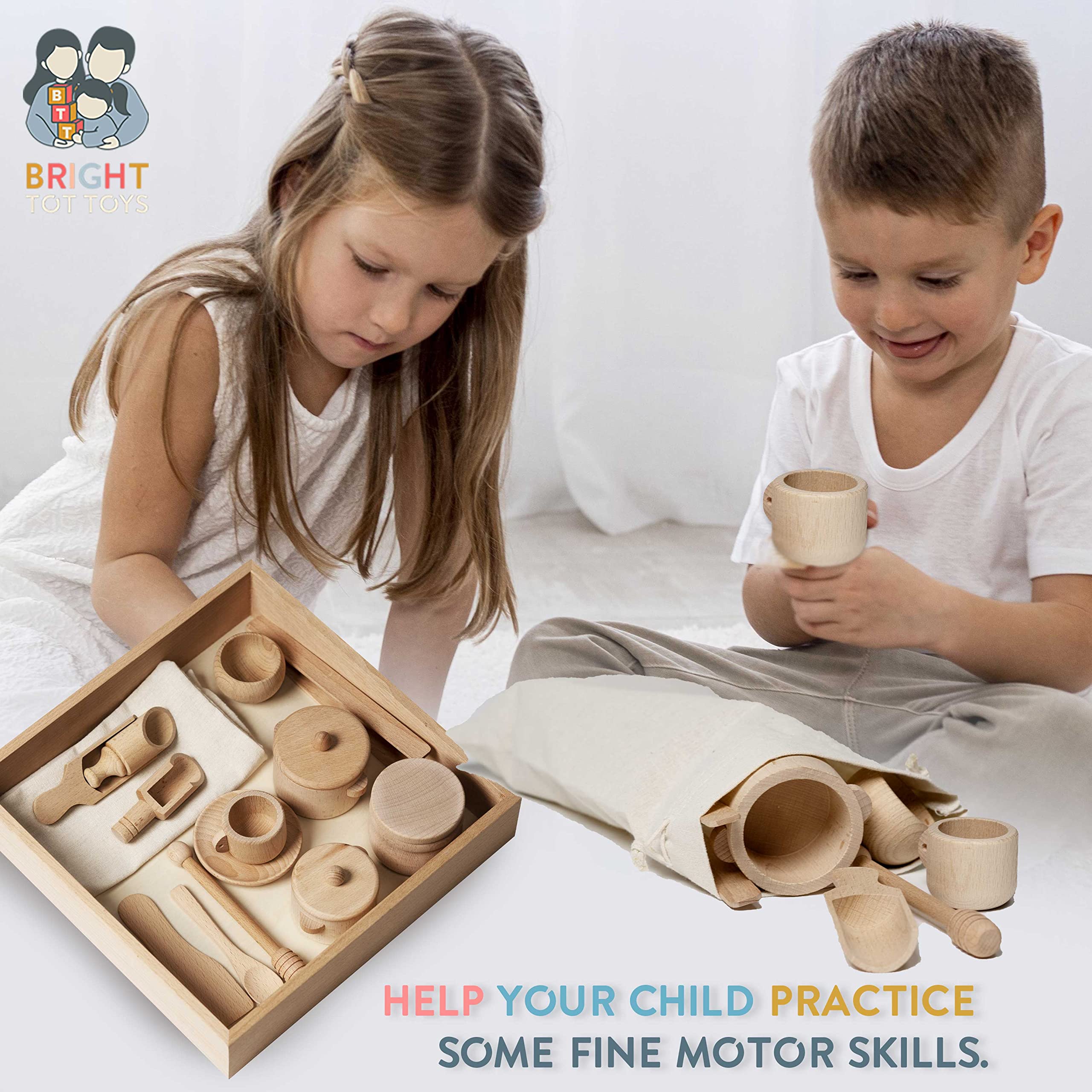 Sensory Bin Tools with Wooden Box, Montessori Toys for Toddlers & Kids, Set of 12 Wood Waldorf Toys for Transfer Work, Sensory Learning & Motor Skill Development