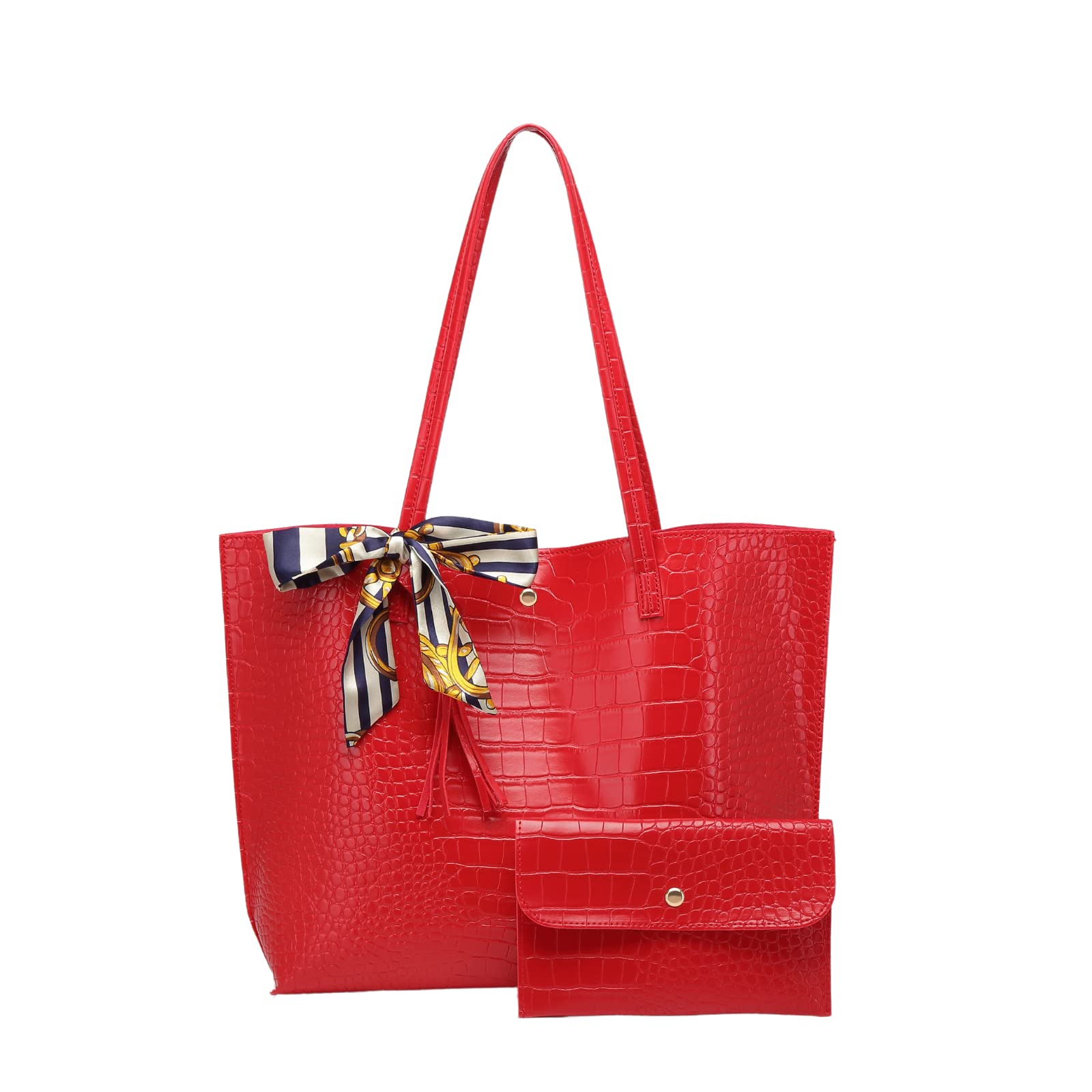 Women's Tote Shoulder Bag PU Leather Big Capacity Tassel Handbag (Large, L-Crocodile pattern Red)