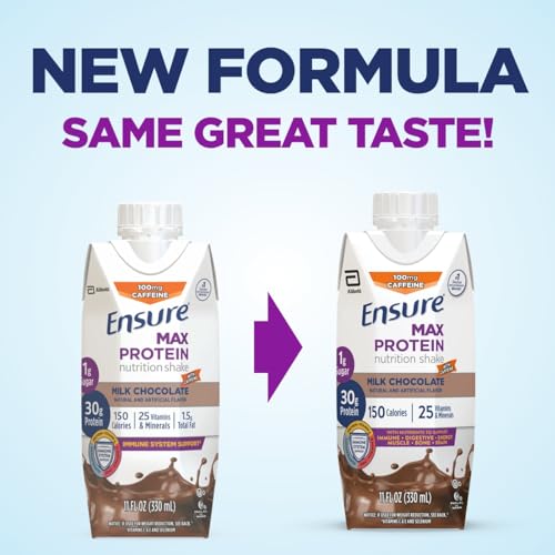 Ensure Max High Protein Nutrition Shake Milk with 30g of Protein 1g of Sugar , Chocolate w/ Caffeine, 11 Fl Oz (Pack of 12)