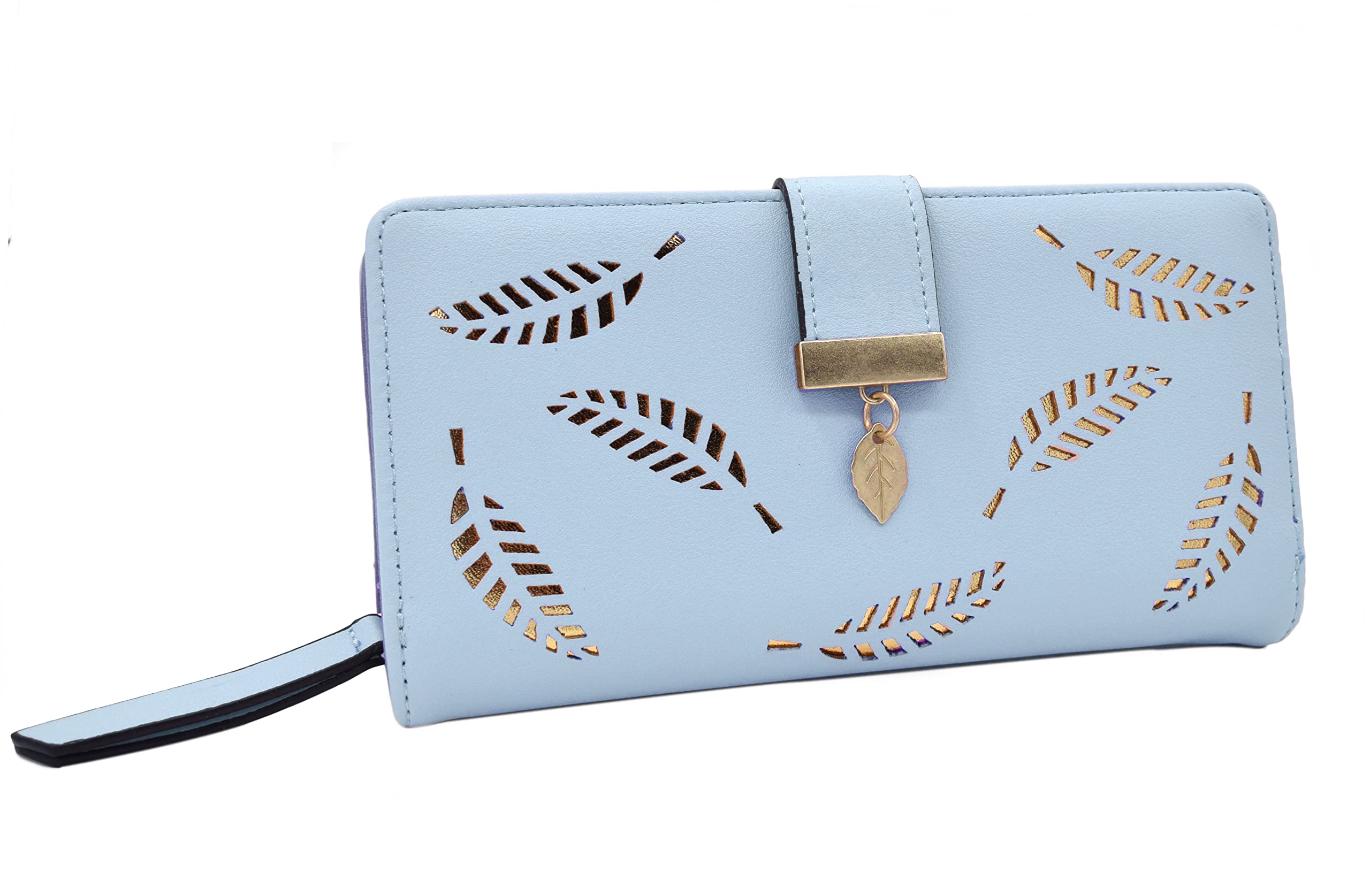 Women’s Long Zipper Fold Wallet with Leave Form Pendant Multifunctional Card Holder Clutch Purse with Snap Fastener(blue)