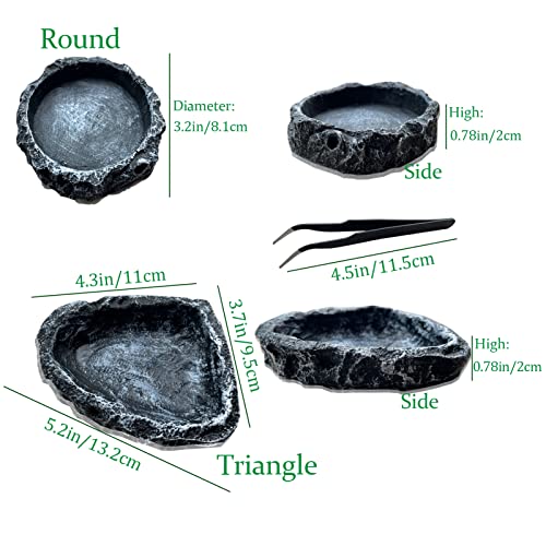 Reptile Feeding Dish Water Bowls 2 Pack Food Dish Water Dish Reptile Dish with Breadworm Feeding for Dragon Leopard Gecko Lizard Spider Scorpion Chameleon ((Round + Corner) Bowl+Tongs)