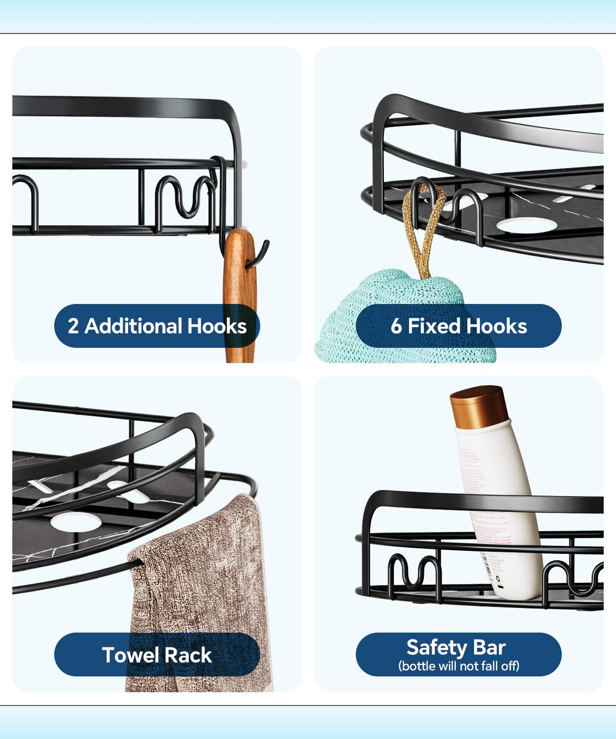 EUHOME Shower Caddy Tension Pole, Corner Shower Caddy Tension Rod 4 Adjustable Shelves Standing Shower Caddy for Bathroom Organizers Storage, Black