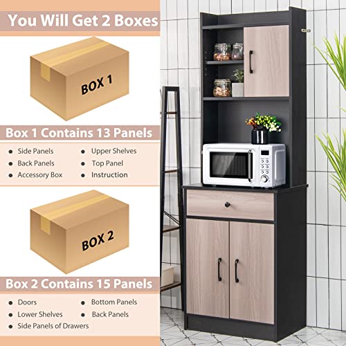 COSTWAY Kitchen Pantry Storage Cabinet, 71” Tall Buffet Hutch Cabinet with Microwave Stand, Adjustable Shelves, Drawer, Freestanding Buffet Cabinet with Storage for Dining Room, Home, Black
