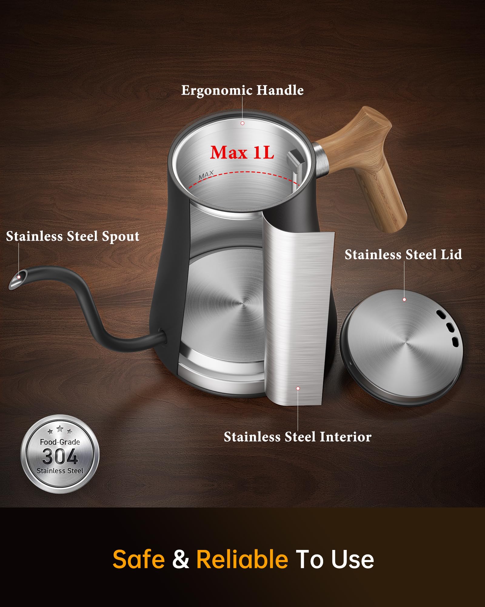 Fabuletta Gooseneck Electric Water Kettle, 3 Minutes Quick Heating, 1200W Pour Over Kettle for Coffee & Tea, Precise Water Flow Control Hot Water Boiler, 100% Stainless Steel Water Boiler
