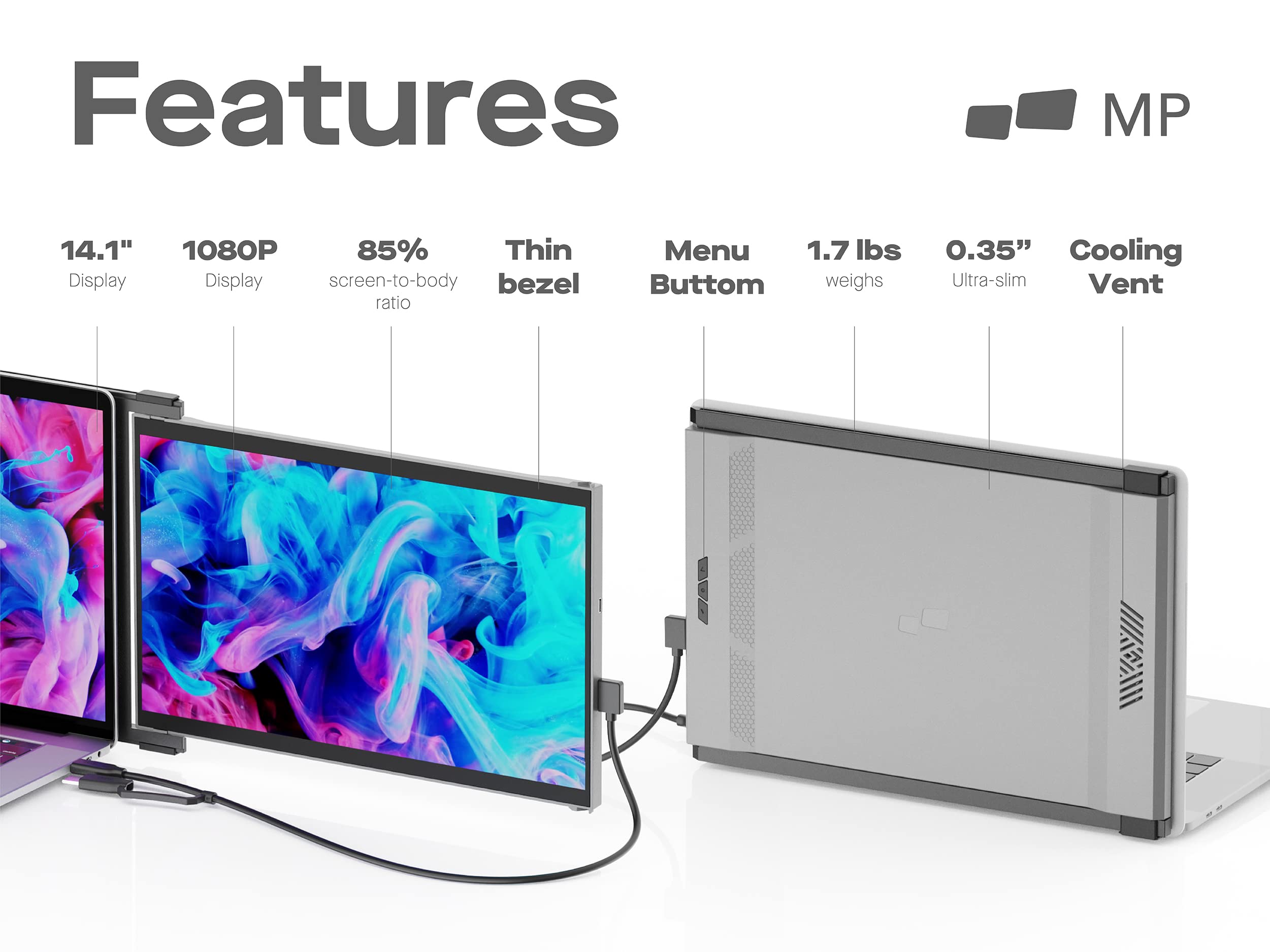 New Mobile Pixels Duex Max 14.1" Portable Monitor, Full HD 1080P IPS Auto Rotated Laptop Screen Extender, USB A/Type-C USB Powered Plug and Play, Windows/Mac/Android/Switch Compatible (Gunmetal Grey)