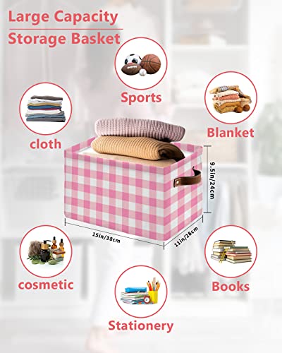 Cube Storage Bins Cloth Towel Organizer Valentine's Day Easter Pink Plaid Checkered Fabric Collapsible Storage Baskets with Handles for Home Office Closet Shelves Toy Nursery 2 Pack