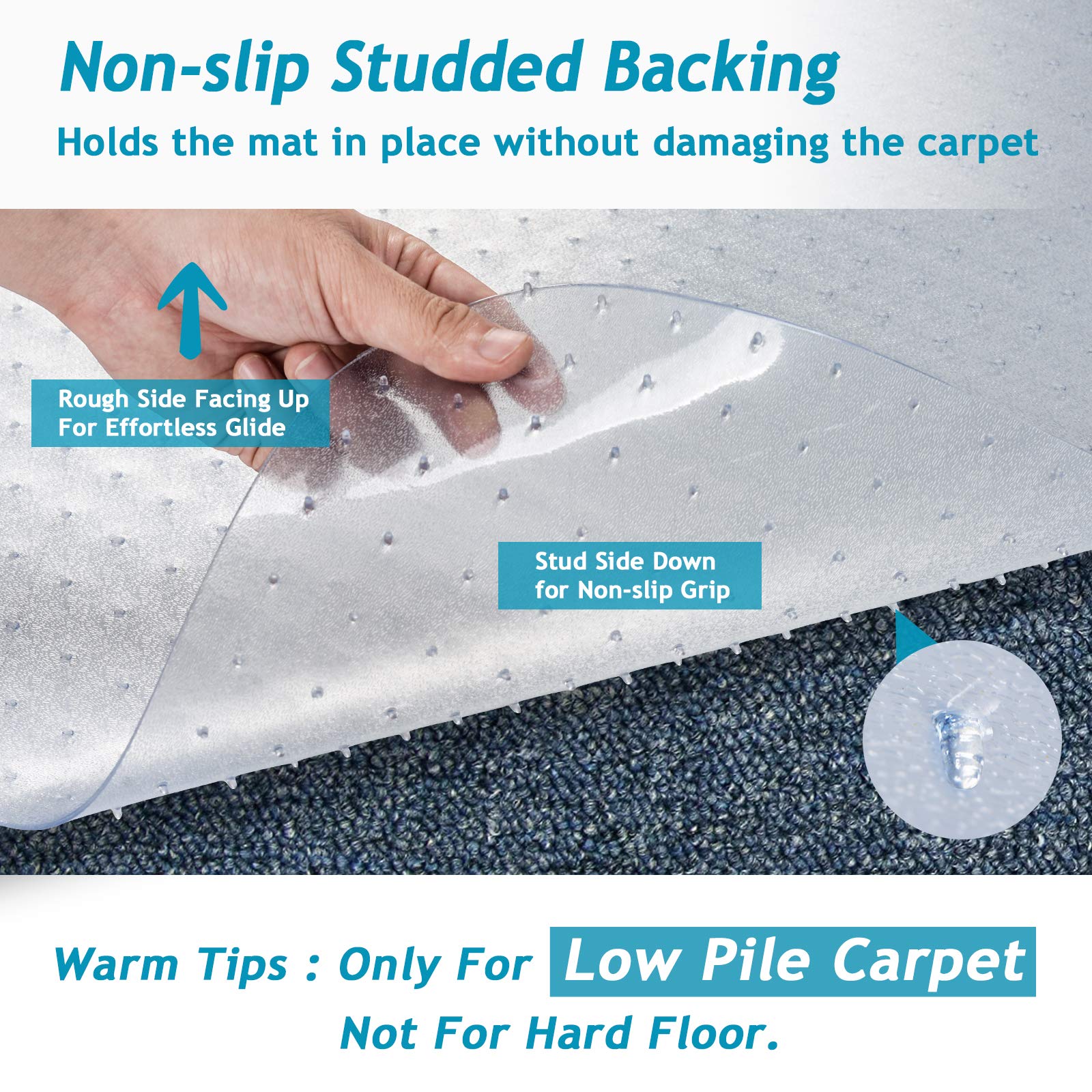 Chair Mat for Carpet with Lip Studs Strong Impact Resistance Effective Grip Durable Non-Slip Easy to Clean PVC Carpet Protector 36" x 48" for Home Office