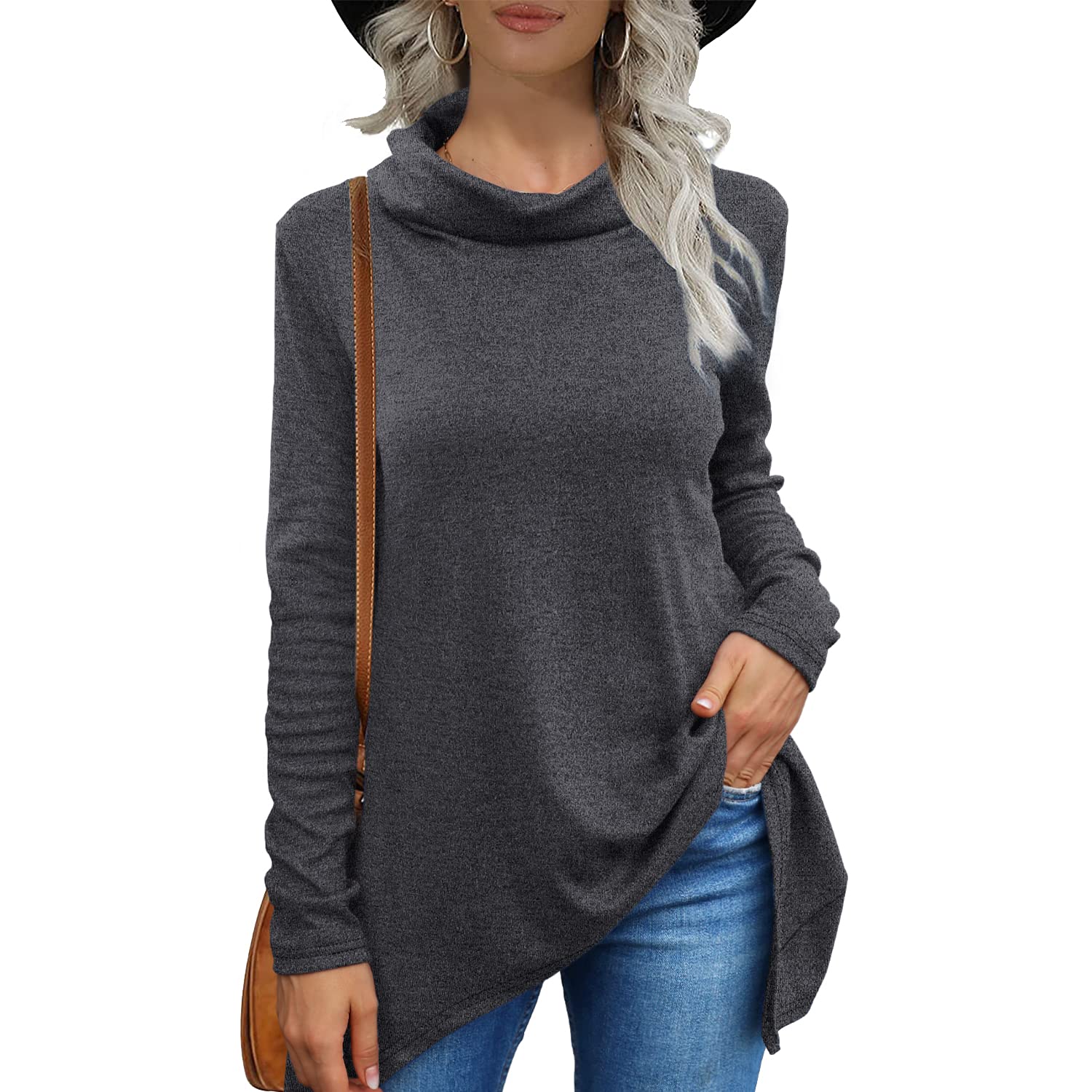 Davenil Cowl Neck Tops For Women Soft Long Sleeve Pullovers Casual Loose Fall Sweatshirts Cute Sweaters with Irregular Hem Dark Gray Size M