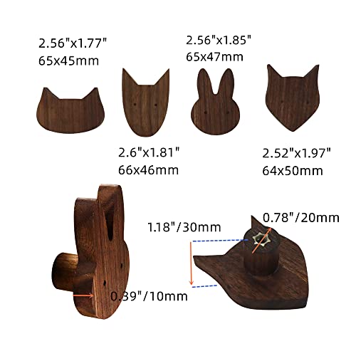 Tsnamay 4 Pack Animal Wood Wall Hooks, Black Walnut Unfinished Solid Wood Coat Hooks Wall Mounted for Hanging Bathroom Towels Clothes Hanger,Pattern Rabbit Cat Dog Fox