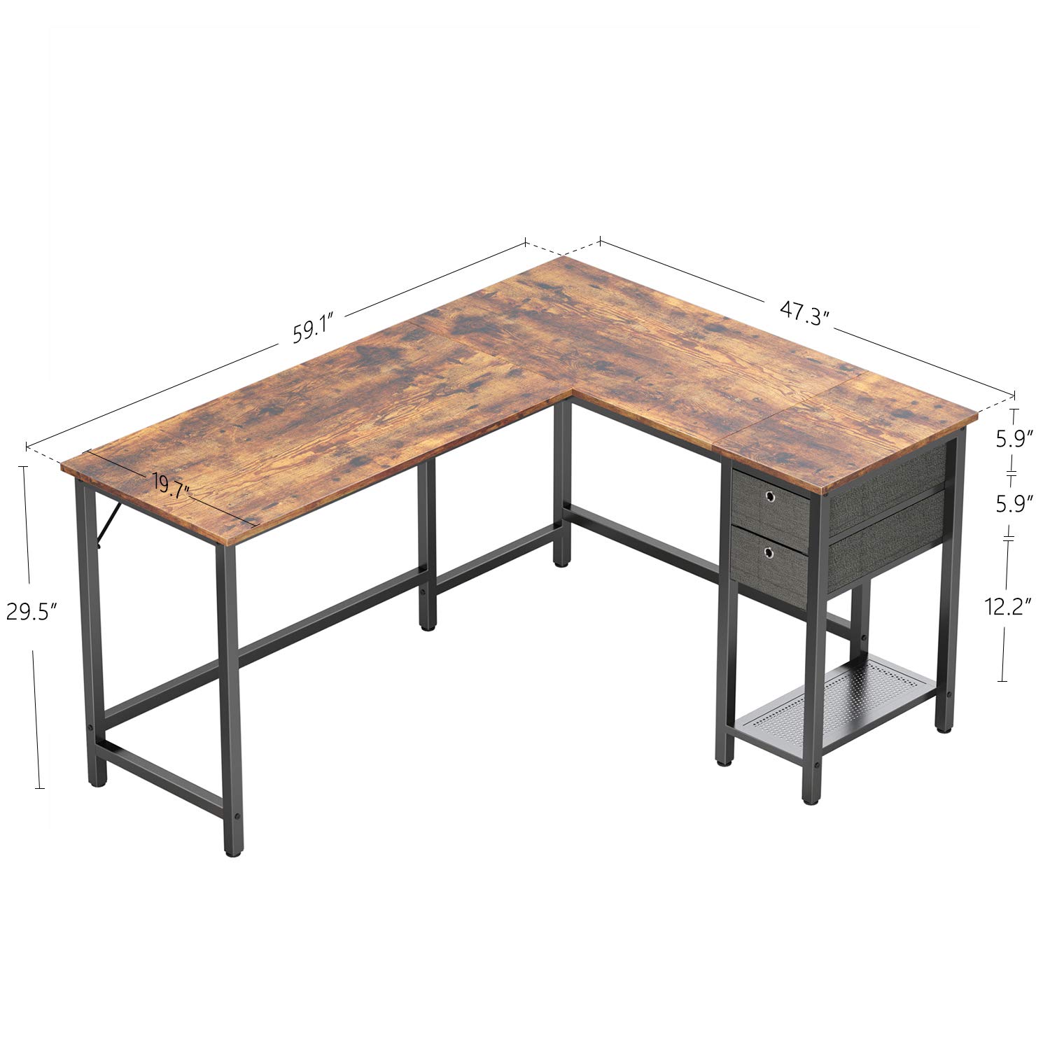 Cubiker L-Shaped Computer Desk, Gaming Corner Desk with Non-Woven Drawer, Home Office Sturdy Writing Table, Space-Saving, Easy to Assemble