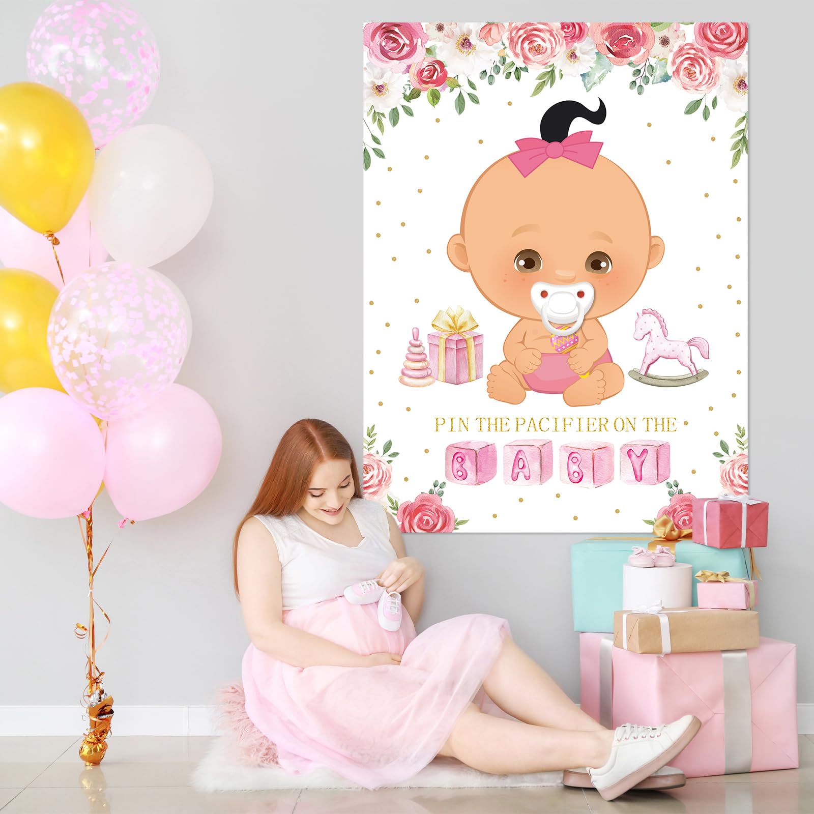 Faccito Pin The Pacifier Baby Shower Games Baby Shower Decoration Include Baby Poster 24 Pacifier Stickers Blindfold Floral Pin Pacifier on Baby Game for Baby Shower Birthday Party Supplies(Pink)