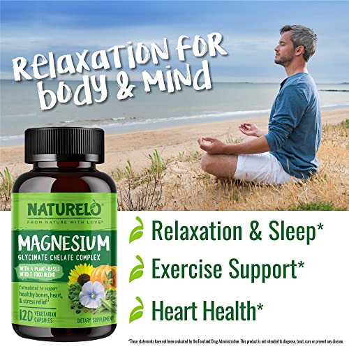 NATURELO Magnesium Glycinate Chelate Complex - 200 mg Magnesium with Organic Vegetables to Support Sleep, Calm, Muscle Cramp & Stress Relief β Gluten Free, Non GMO - 120 Capsules