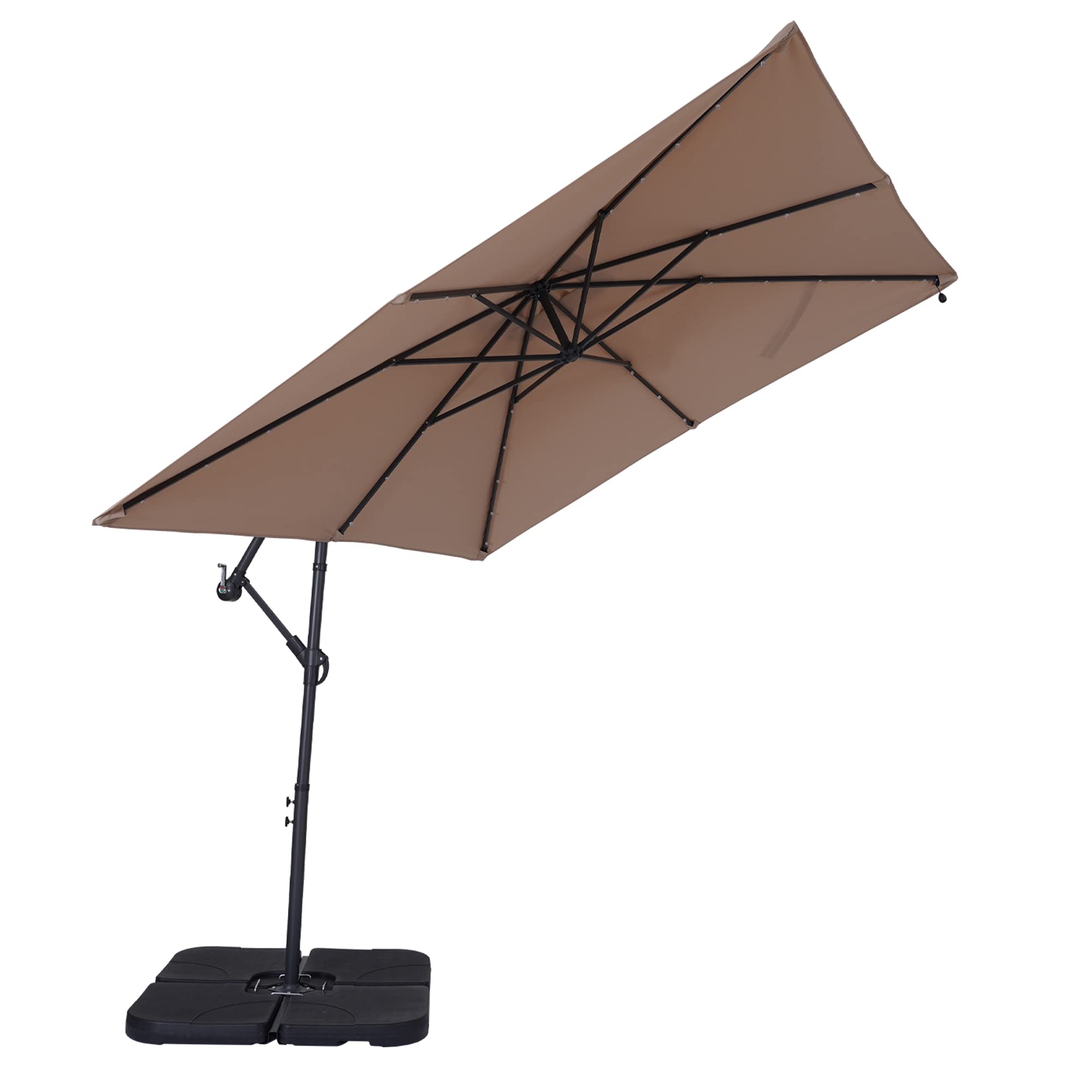 CASAINC 8.3FT Solar LED Patio Umbrella Offset Hanging Outdoor Umbrella with Base for Market Lawn Graden Backyard Balcony, Crank/Tilt, Multi Angle Adjustment-Beige