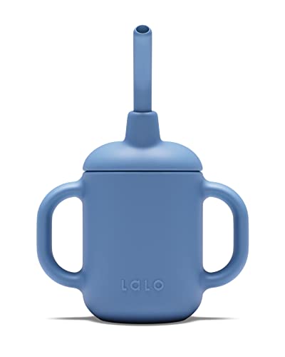 Lalo Little Cup, Non-Toxic Silicone Straw Cup with Handles - Baby and Toddler Sippy Cup - Mini Cup and Straw Training System, 4oz, Blueberry