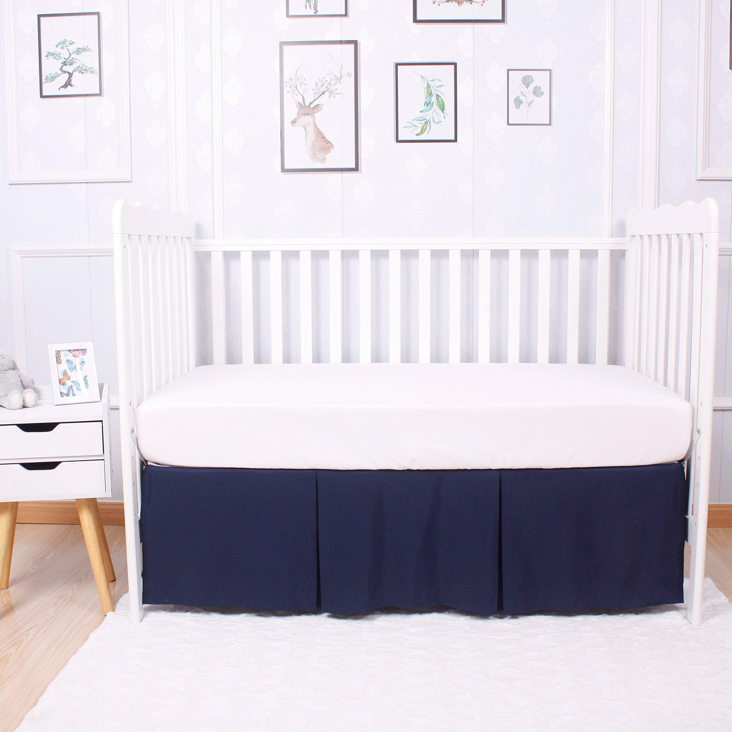 CaSaJa Classic Microfiber Crib Skirt with 2 Sides Pleated, Soft Breathable Dust Ruffle Fits Standard Crib and Toddler Bed, Navy Blue Color for Boys, 14 inches Drop, Navy