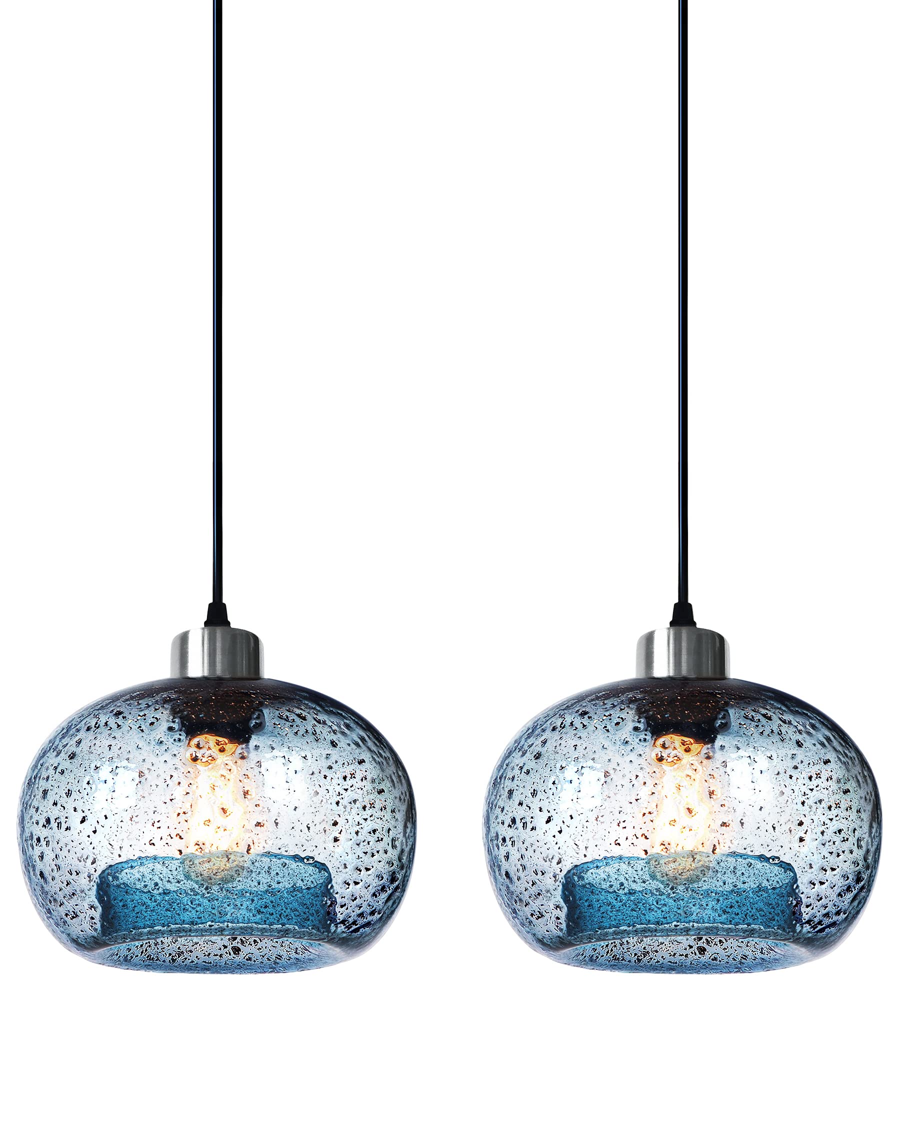 CASAMOTION Pendant Lighting Kitchen Island Table Hand Blown Glass Light Fixtures Marble Blue Color Modern Farmhouse Style Ceiling Hanging Dining Room Brushed Nickel 9 Inch Diam 2 Pack