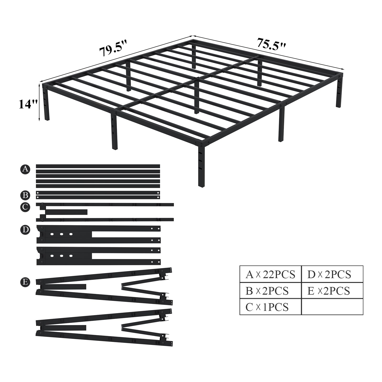 GPDD 14 Inch King Bed Frame Heavy Duty Metal Platform Bed Frame Steel Slat Support King Size, No Box Spring Needed, Easy Assembly, Suitable for Bedroom, Black