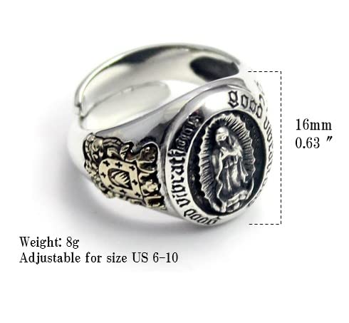 COSUMOSU Sterling Silver Our Lady of Guadalupe Virgin Mary Open Ring Adjustable for men