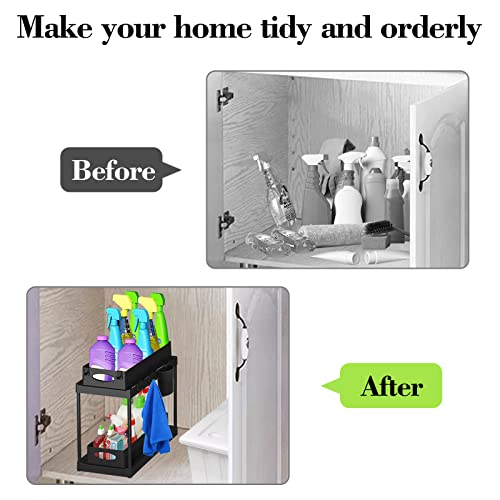 GzfunTeng Under Kitchen Sink Organizer and Storage, 2 Tier Sliding Bathroom Organizer, Pull Out Cabinet Organizer with 4 Hooks, 1 Hanging Cups, Finishing Storage Rack