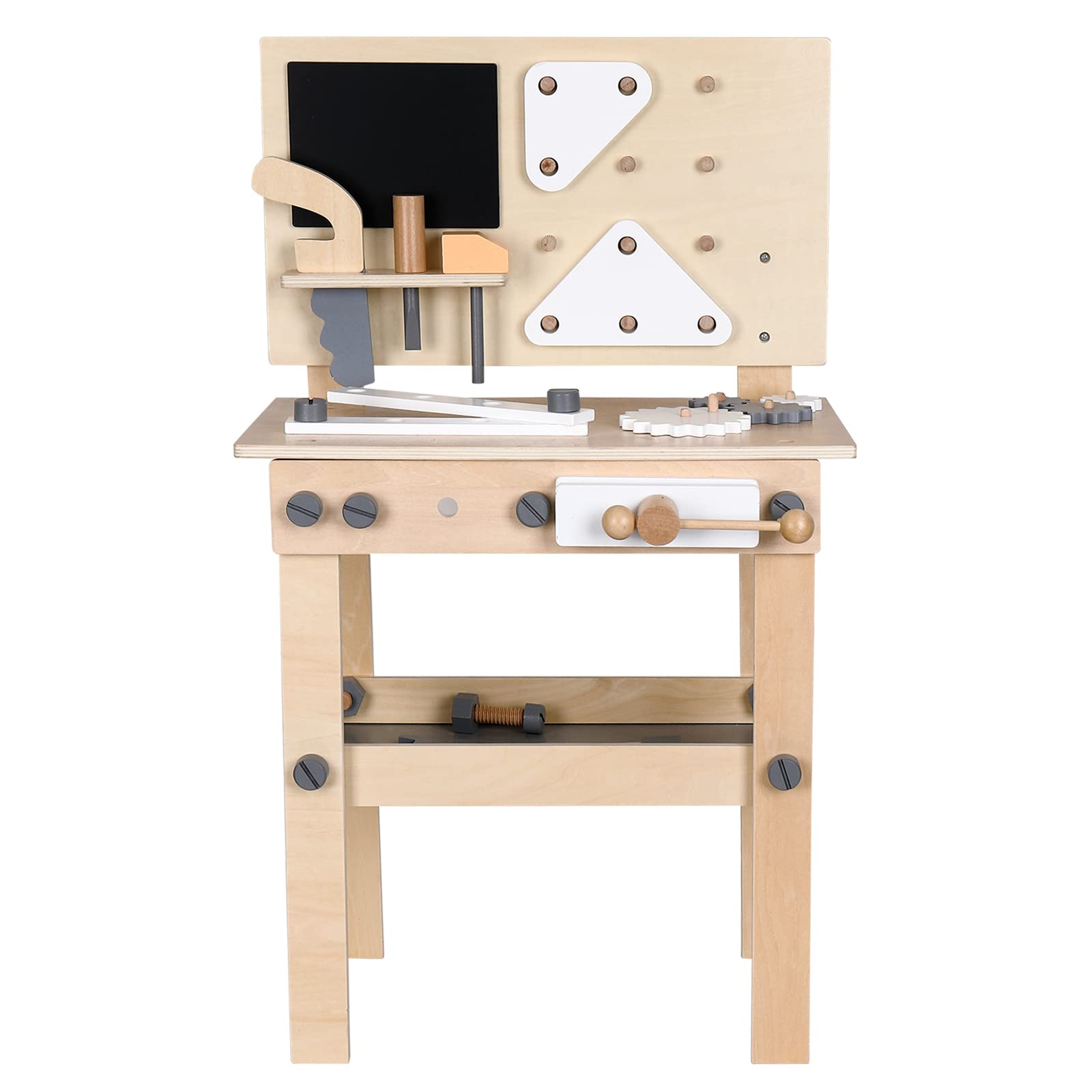 WONKAWOO Wooden Workbench with Blackboard Tool Playset for Kids and Toddlers Construction Bench Set Educational Building Toy Gift for Boys Girls