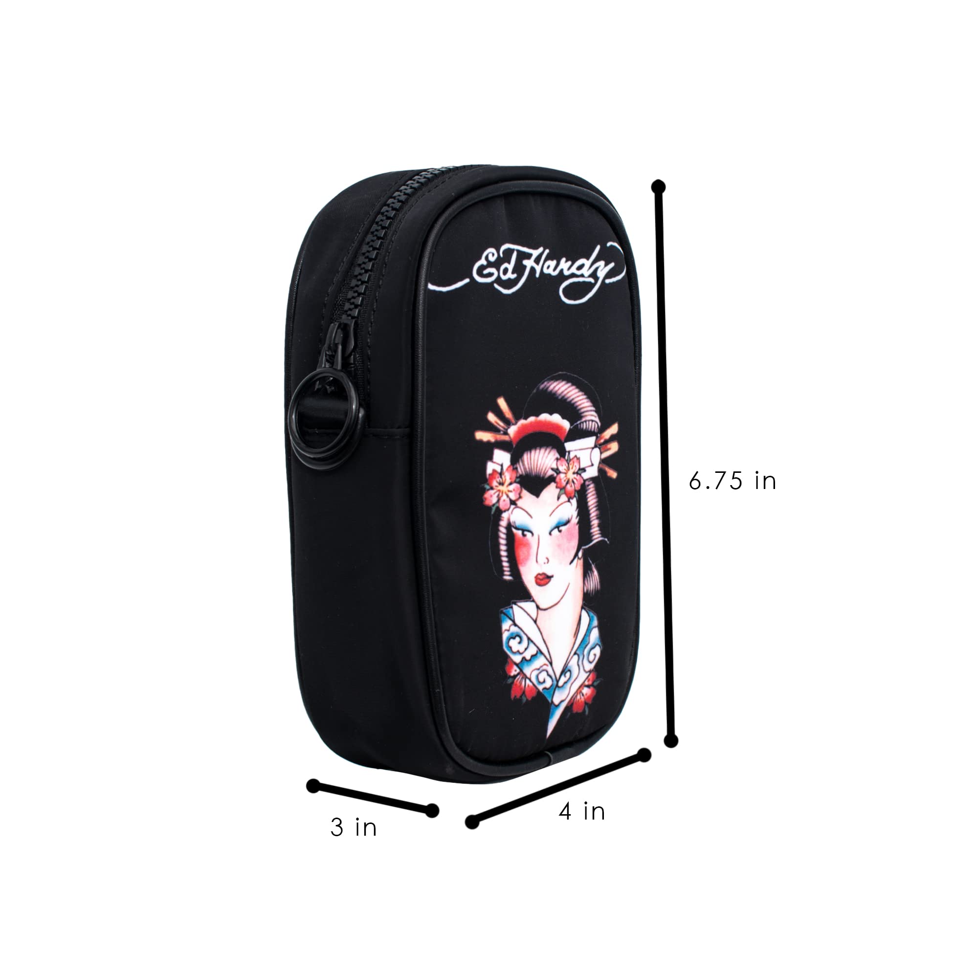ED HARDY Unisex Black/Black Geisha Tatoo Print Nylon Phone Crossbody Bag With Adjustable Shoulder Strap