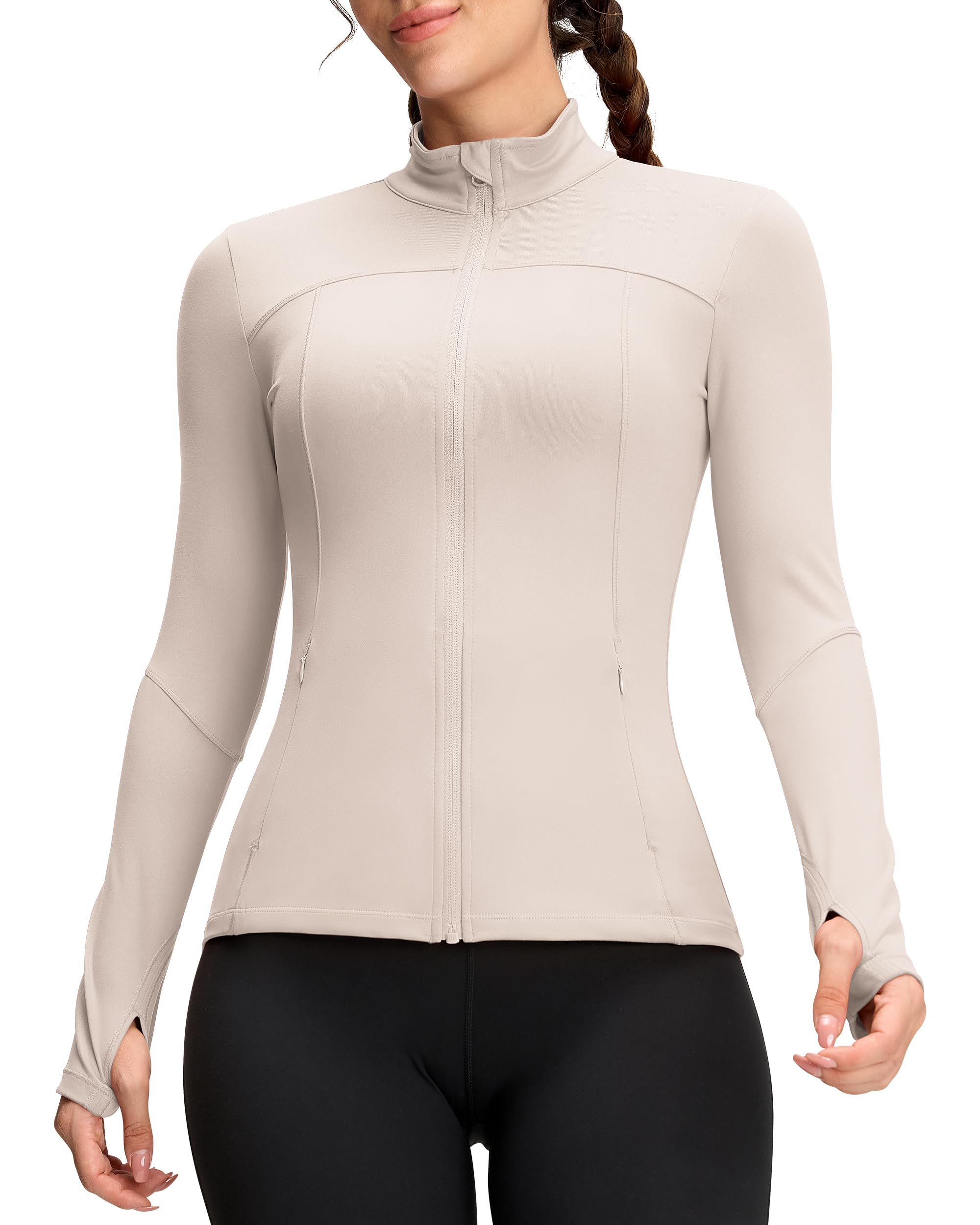 colorskin Workout Jackets for Women Full Zip Athletic Running Track Jacket with Pockets Slim Fit Yoga Jacket with Thumb Holes(Almond,Medium)