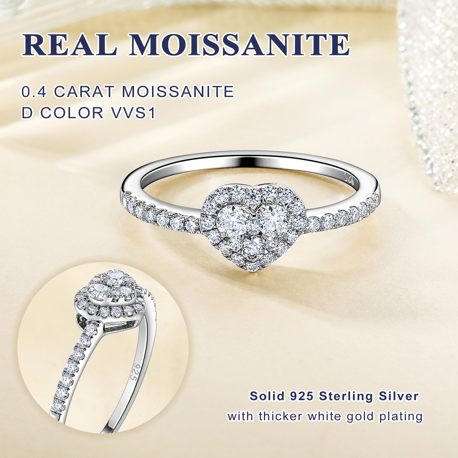 DAYBYDAY 925 Sterling Silver Moissanite Heart Rings Created Diamond Heart Shaped Engagement Anniversary Ring Size 8