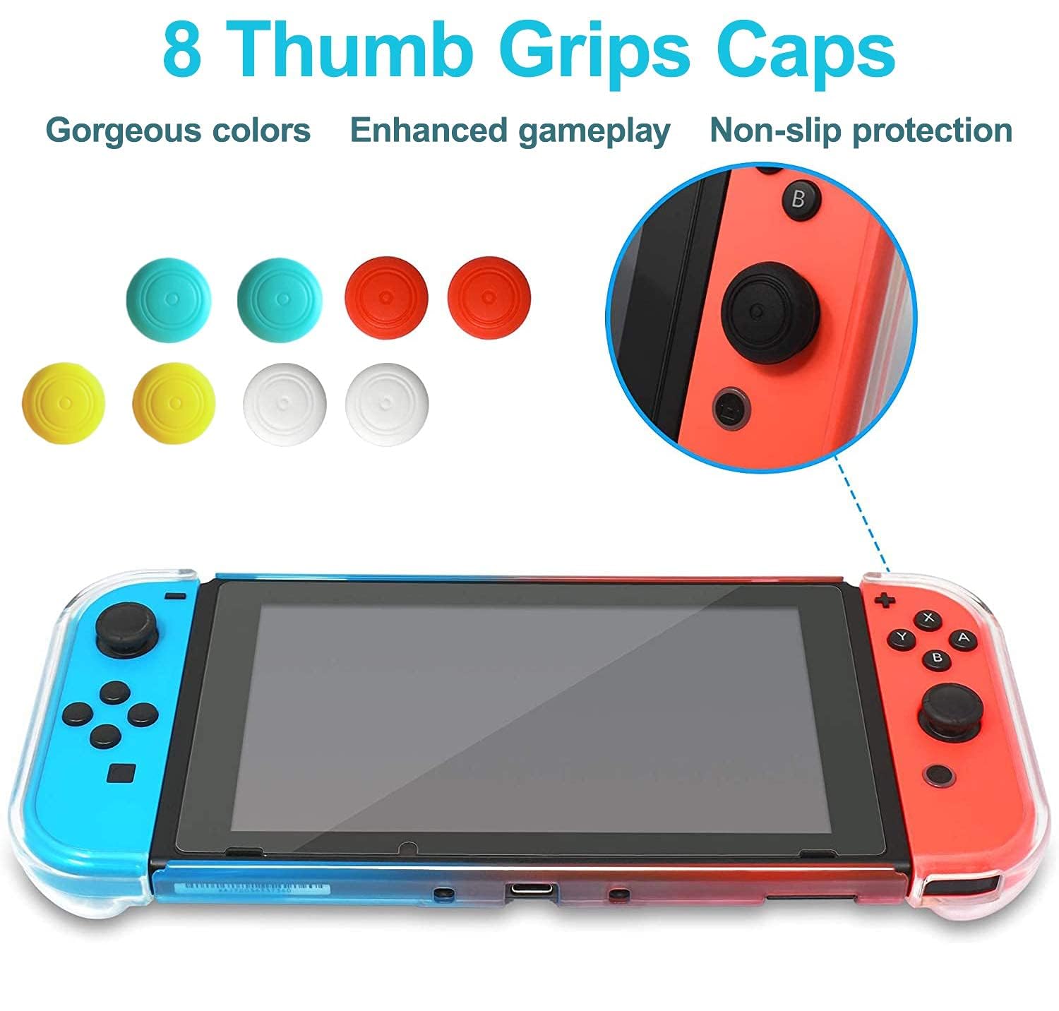 VEGCOO Switch Protective Case, Dockable Crystal Clear Shockproof Ergonomic Anti-Scratch Cover for Nintendo Switch with Glass Screen Protector & Thumb Grips Caps-Clear