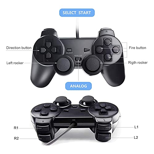 TUOZHE Wired Controller for PS2 Double Shock, 2 Pack Gamepad Remote Compatible with Play Station 2 (Two Black)