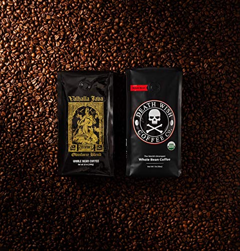 Death Wish Coffee Co. Whole Beans - Extra Kick of Caffeine - 1 lb & Valhalla Java Odinforce Blend 12 oz - Whole Bean Coffee Bundle/Bulk - USDA Certified Organic - Fair Trade - Arabica & Robusta Beans