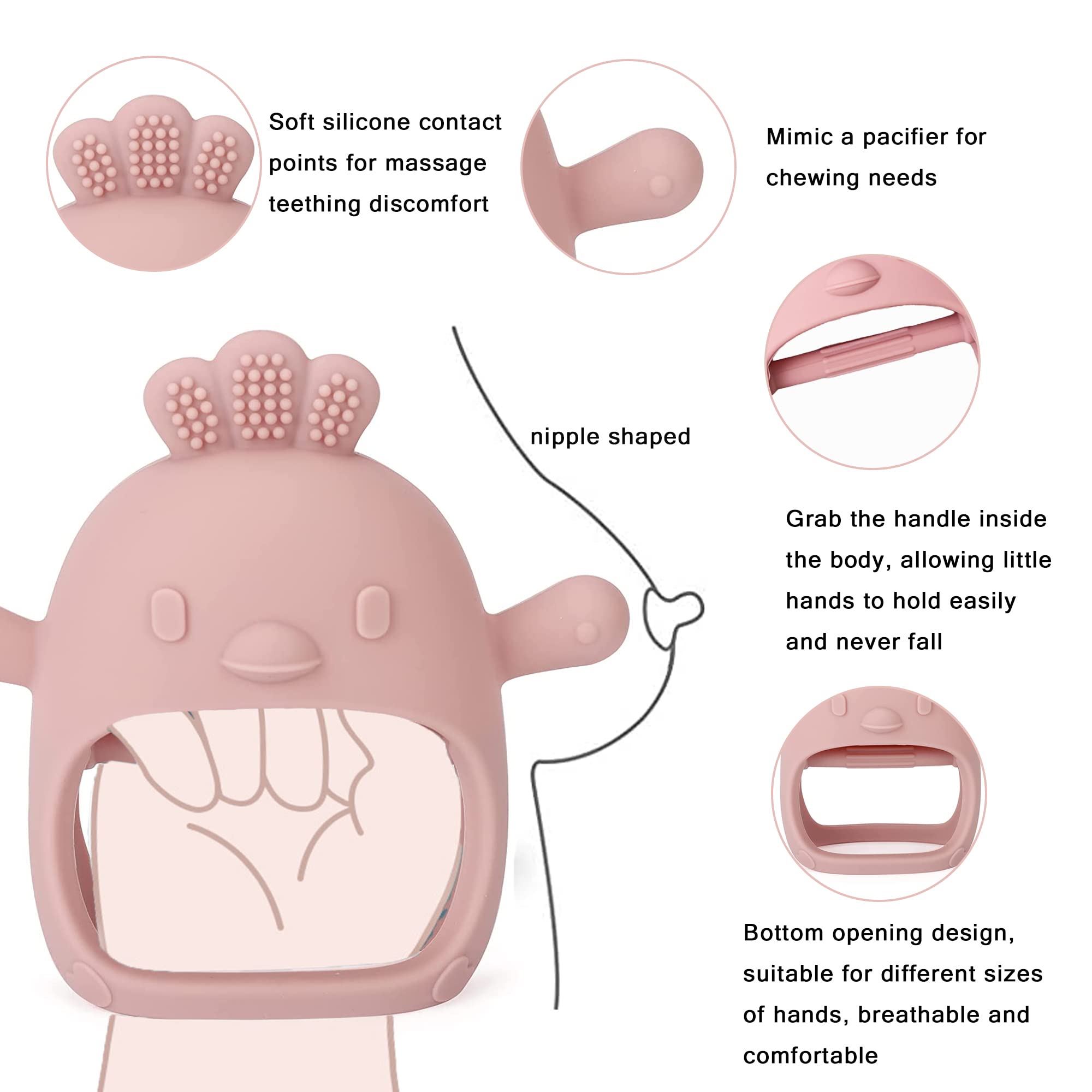 EXGOX Silicone Teether Mitten,Baby Silicone Teething Toys 3D Shape Silicone Teether Gloves for Sucking Needs and Prevent Finger Sucking Massages Gums, for Over 12 Months Breast Feeding Baby (Pink)
