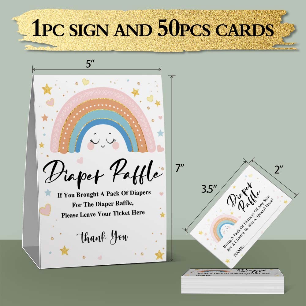 Diaper Raffle Baby Shower Game, 1 Standing Sign and 50 Tickets, Boho Rainbow Raffle Insert Ticket, Gold Diaper Raffle Ticket, Baby Showers Decorations