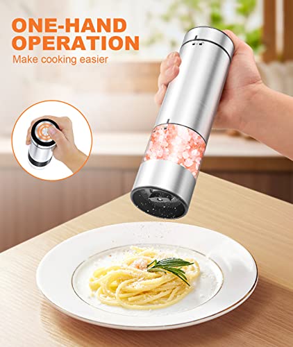 OUWMAN Electric Salt and Pepper Grinder Set, [2 Pack] Automatic Salt and Pepper Grinder Set Battery Powered with LED Light, Adjustable Coarseness Pepper Mill, One Hand Operation, Stainless Steel