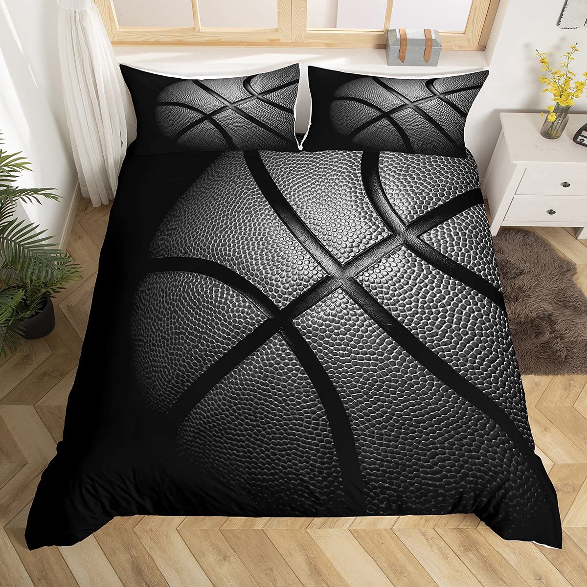 Castle Fairy Basketball Lover Bedding Sets Queen Size for Boys Men,Ball Sports Gaming Duvet Cover Ultra Soft Black Comforter Cover Sets,Teenager Birthday Gift