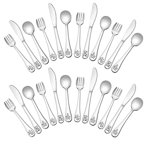TeamFar Toddler Utensils 24 Piece, Stainless Steel Kids Utensils Cutlery Silverware Set, Includes 8 Forks, 8 Knives, 8 Spoons, Healthy, Cute Animal Print & Dishwasher Safe