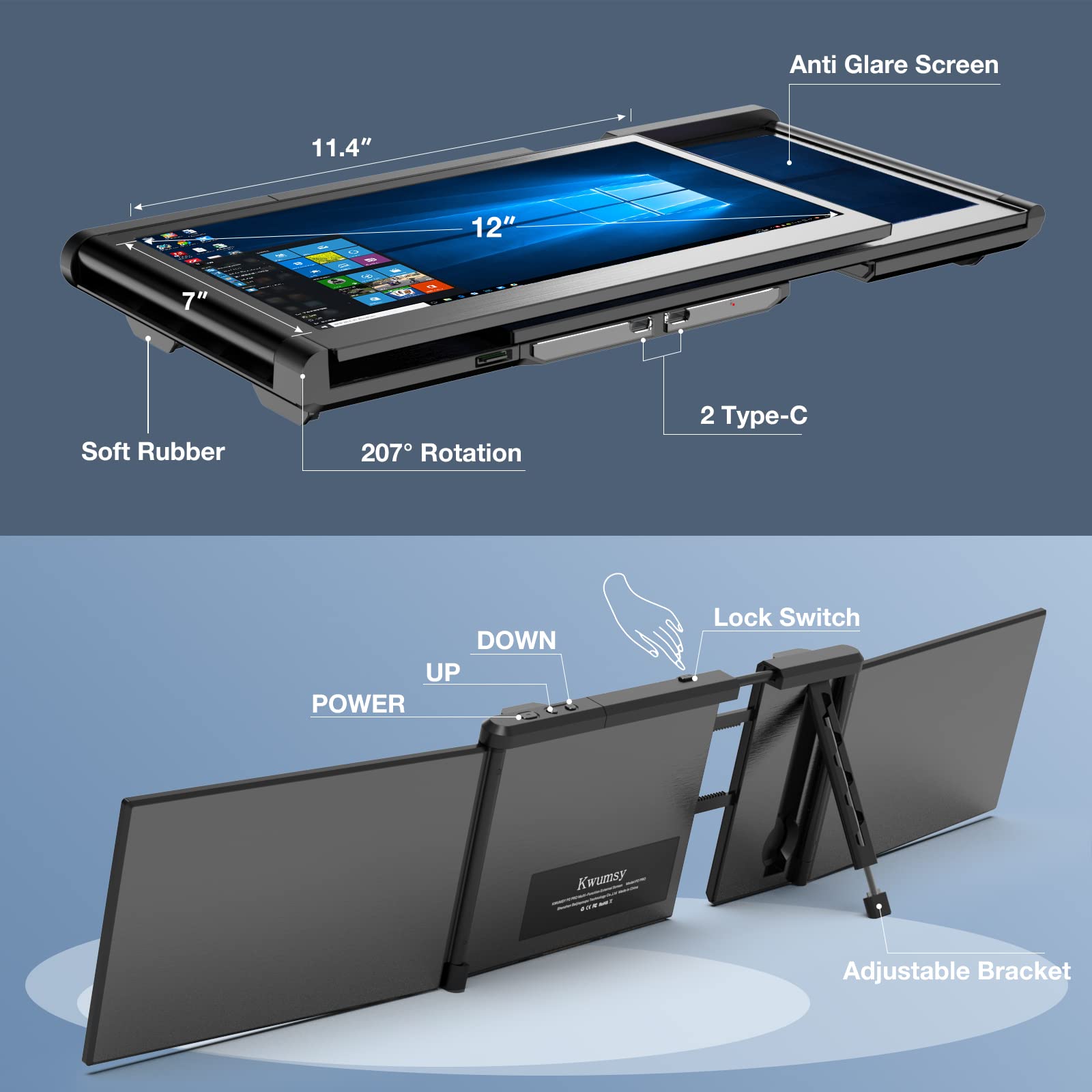 FLYTOCCA 12'' Laptop Monitor Extender, Portable Monitor for Laptop, 1080P Full HD IPS Laptop Screen Extender, Plug and Play No Driver, for 13.3β-16.5β Windows Laptop