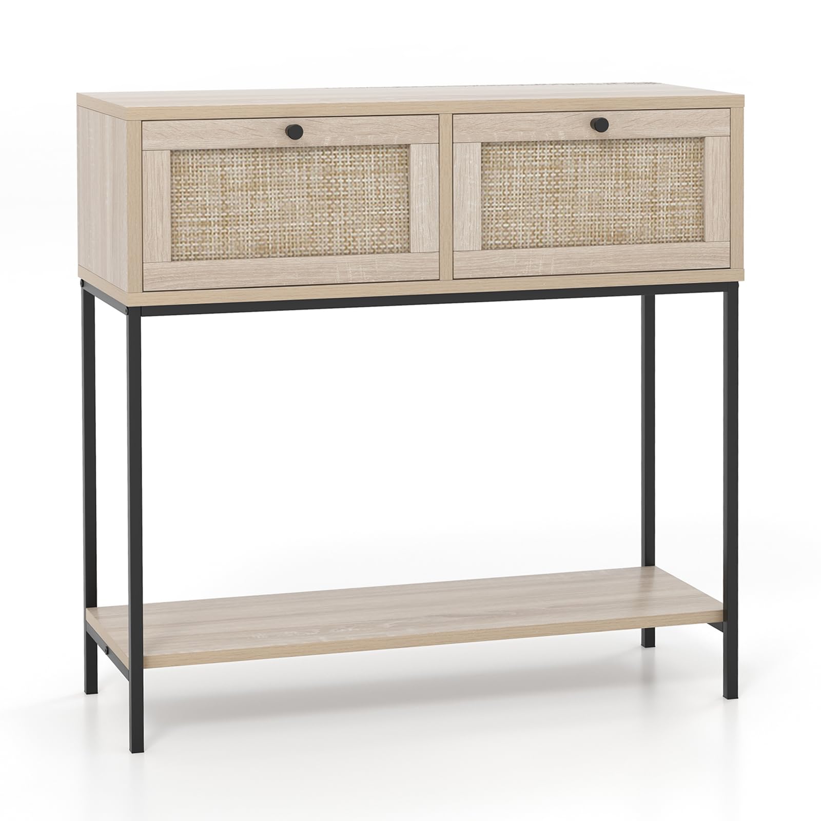 Giantex Console Table with Rattan Drawers - 31.5" Entryway Table w/ 2 Drawers & Open Storage Shelf, Metal Frame, Boho Style Long Sofa Side Table, Narrow Entry Table for Living Room Foyer Hallway