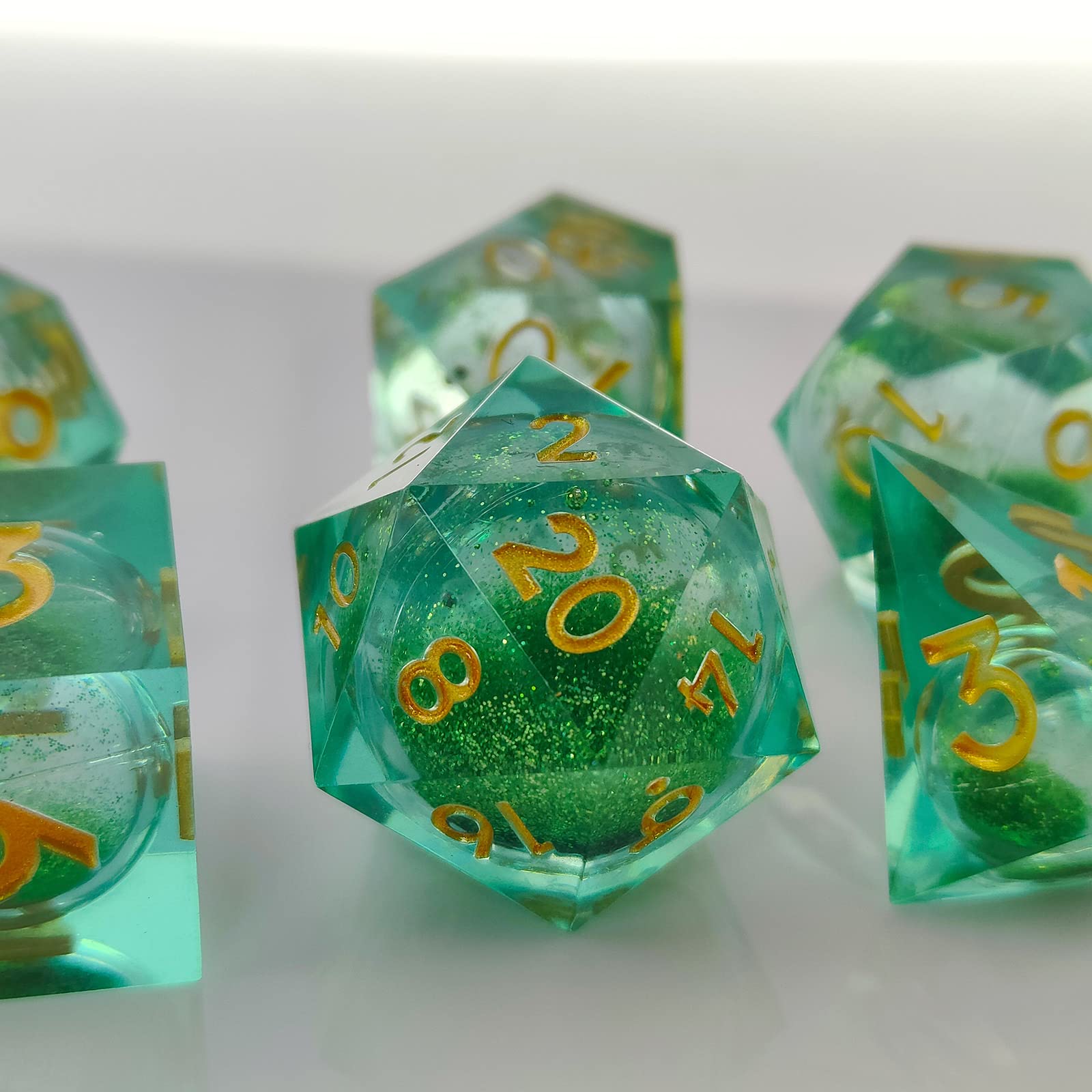Dice Set - Polyhedral Dice TRPG Game Accessories 100% Handmade Sharp Dice Mtg D20 Dice Set Inclusions Liquid Core Dice Quicksand Ball Send Black Leather Pouch - Green