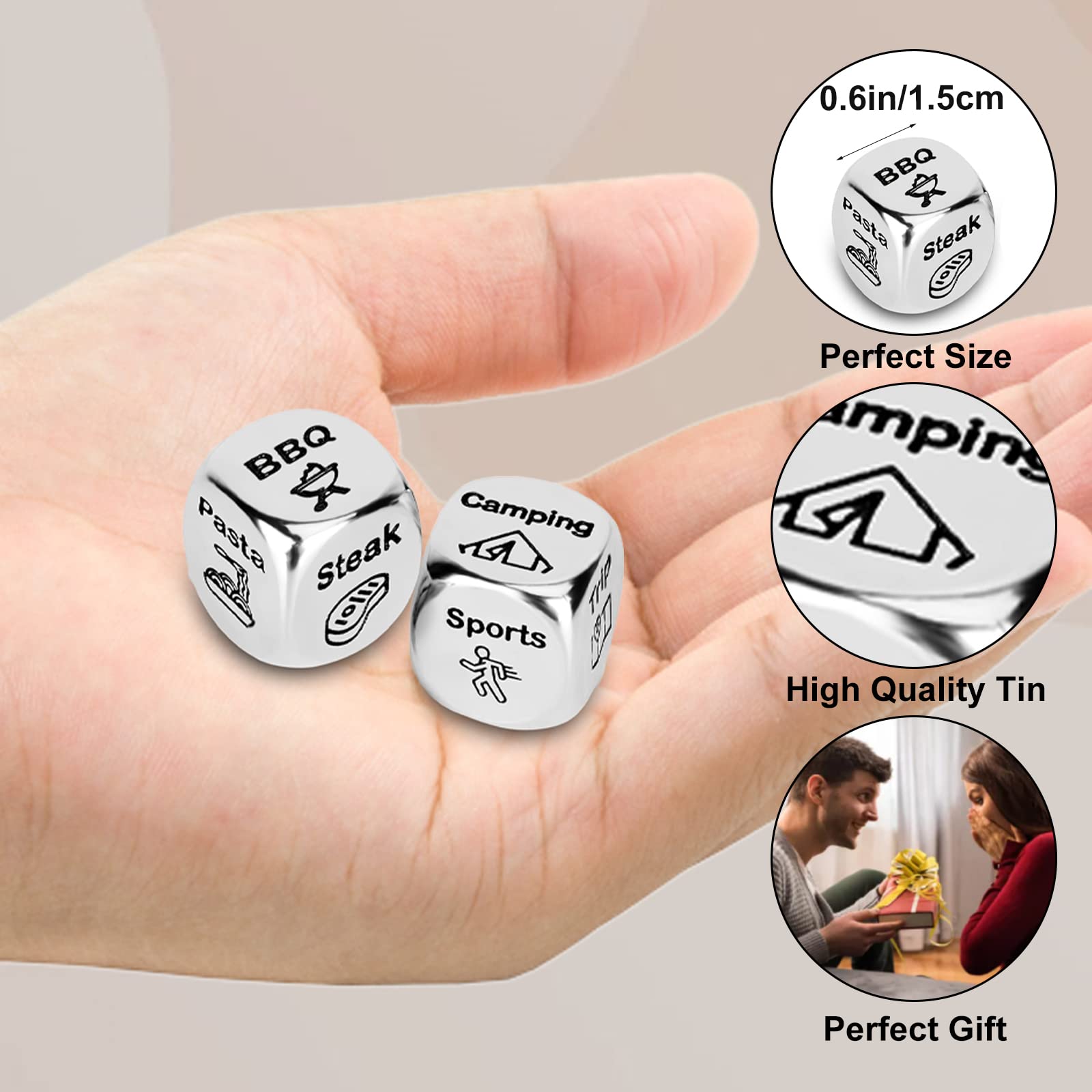 Date Night Dinner Tin Dice Meal and Activity Decider Dice 10th Anniversary Entertainment Gift for 10 Year Anniversary, Wedding, Valentine, Birthday, Christmas
