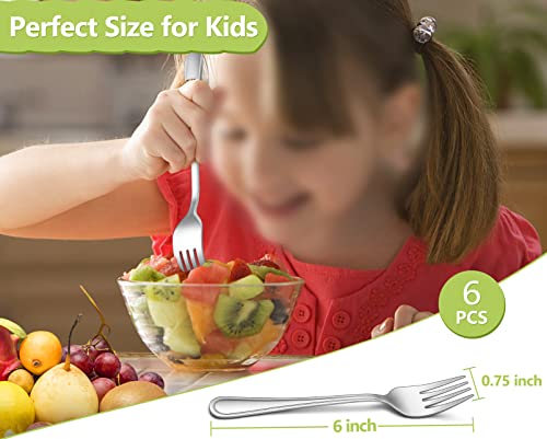 TeamFar Toddler Forks, 6 Pcs Stainless Steel Kids Utensil Small Fork for Child Self Feeding, with Line Patterned Edge, Non Toxic & Healthy, Mirror Surface & Dishwasher Safe, Easy to Grip